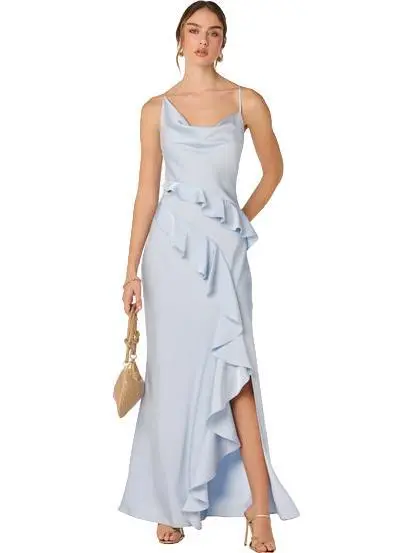 Astr The Label Adelina Satin Ruffle Maxi Dress - Blue