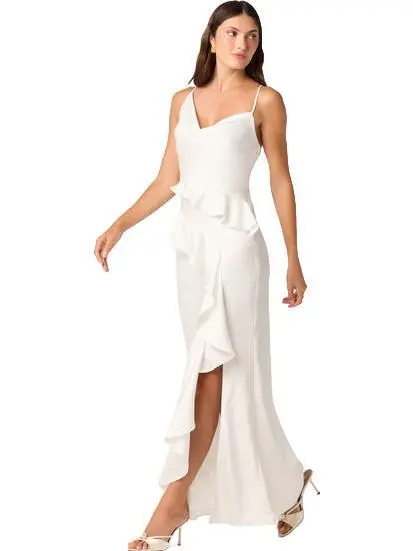 Astr The Label Adelina Satin Ruffle Maxi Dress - White