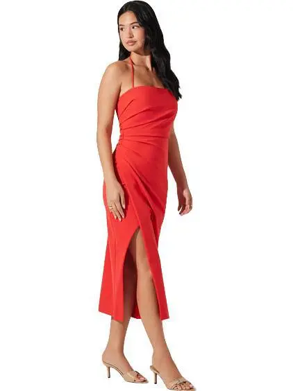 Astr The Label Siena Halter Neck Midi Dress With Slit - Red Orange