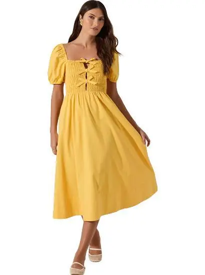 Astr The Label Smocked Bow Detail Midi Dress - Mustard