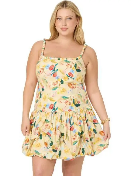Astr The Label Keyla Floral Bubble Dress - Plus Size - Yellow Green Floral