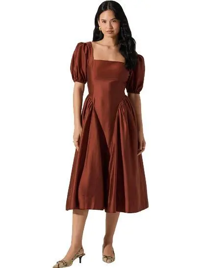 Astr The Label Keairra Puff Sleeve Midi Dress - Rust