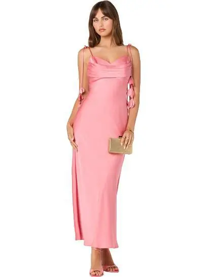 Astr The Label Hera Satin Maxi Dress With Draped Cowl Bust And Appliqué Bows - Coral