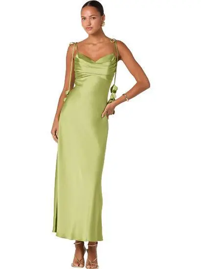 Astr The Label Hera Satin Maxi Dress With Draped Cowl Bust And Appliqué Bows - Green