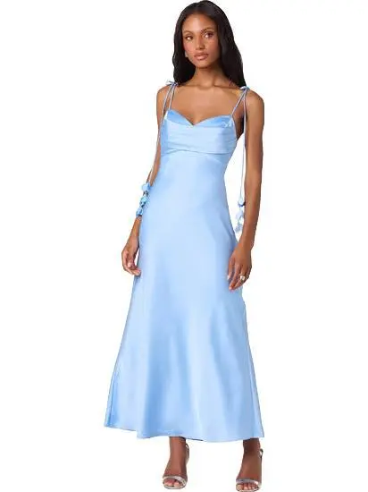 Astr The Label Hera Satin Maxi Dress With Draped Cowl Bust And Appliqué Bows - Light Blue