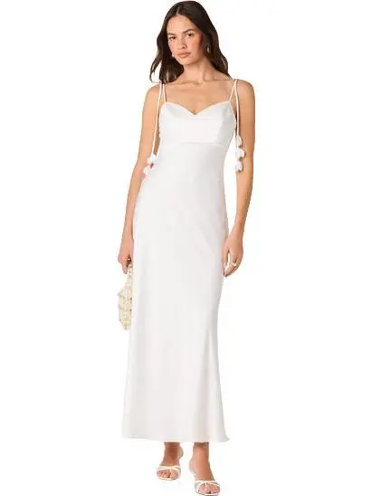 Astr The Label Hera Satin Maxi Dress With Draped Cowl Bust And Appliqué Bows - White