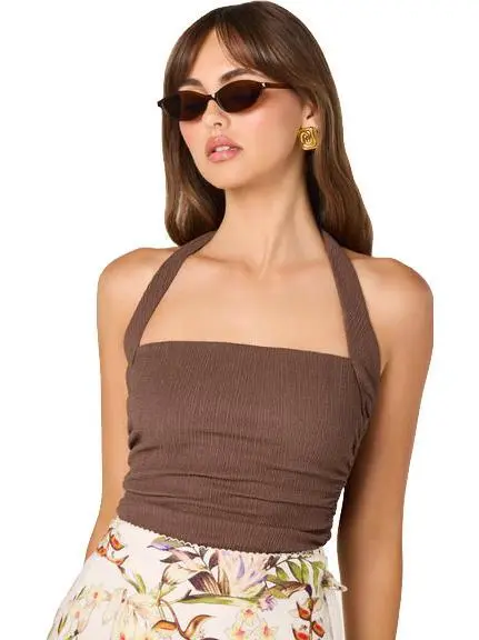 Astr The Label Tate Knit Ruched Halter Top - Brown