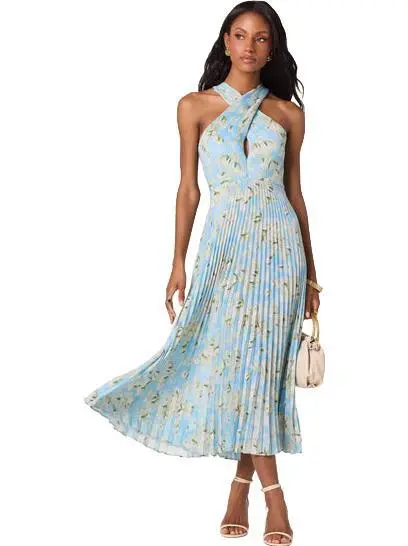 Astr The Label Samantha Plissé Halter Midi Dress - Blue Floral