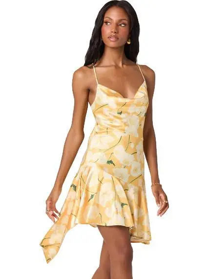 Astr The Label Paloma Cowl Neck Asymmetrical Mini Dress - Tangerine Floral