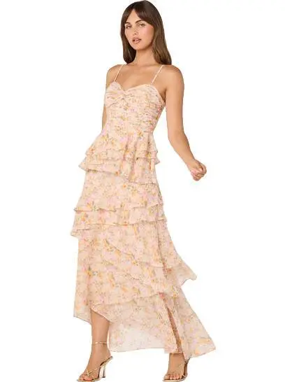 Astr The Label Coline Ruffle Chiffon Maxi Dress - Pink Orange Floral
