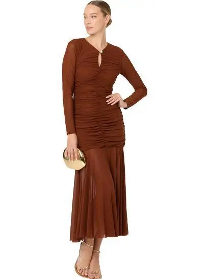 Astr The Label Yasmine Ruched Long Sleeve Maxi Dress - Rust