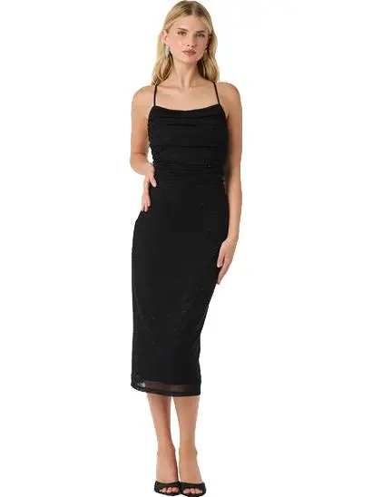 Astr The Label Embellished Rhinestone Ruched Midi Dress - Black