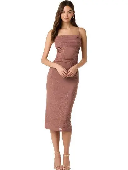 Astr The Label Embellished Rhinestone Ruched Midi Dress - Dusty Mauve