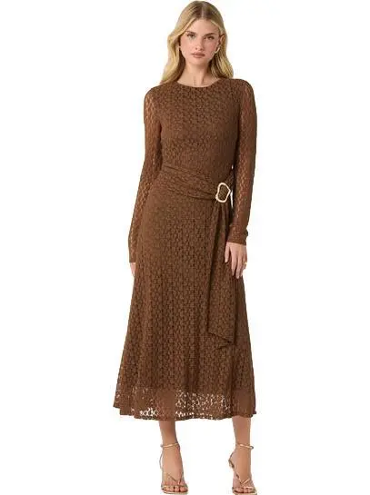 Astr The Label Belted Lace Midi Dress - Brown