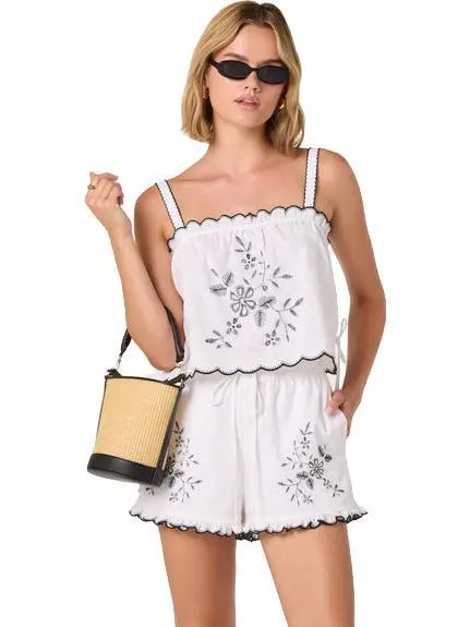 Astr The Label Sadie Embroidered Linen Blend High-rise Shorts With Scalloped Ruffle Hem - Off White