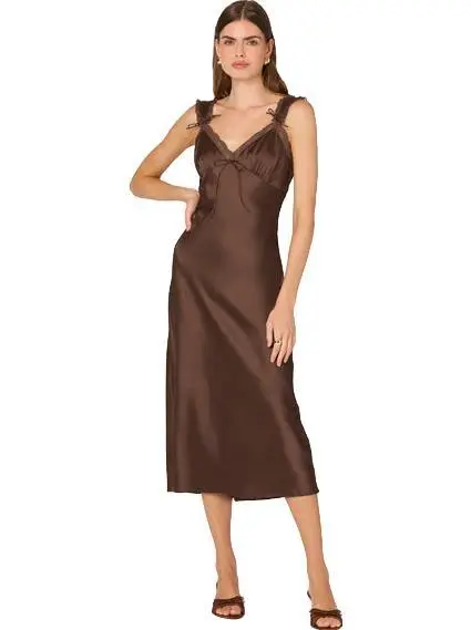 Astr The Label Lace Trimmed Satin Slip Midi Dress - Chocolate Brown