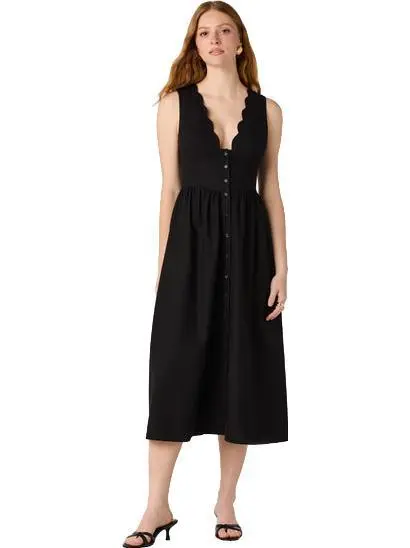 Astr The Label Cory V-neck Button-front Midi Dress With Scalloped Trim - Black