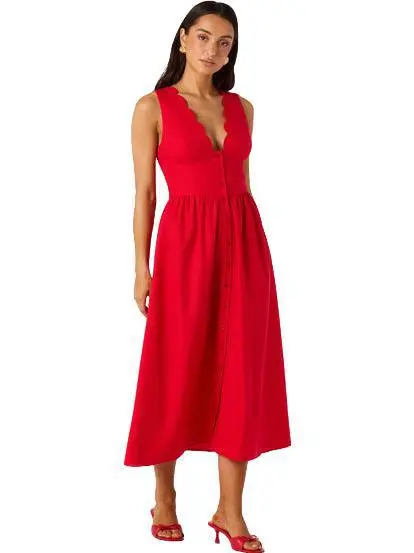 Astr The Label Cory V-neck Button-front Midi Dress With Scalloped Trim - Red