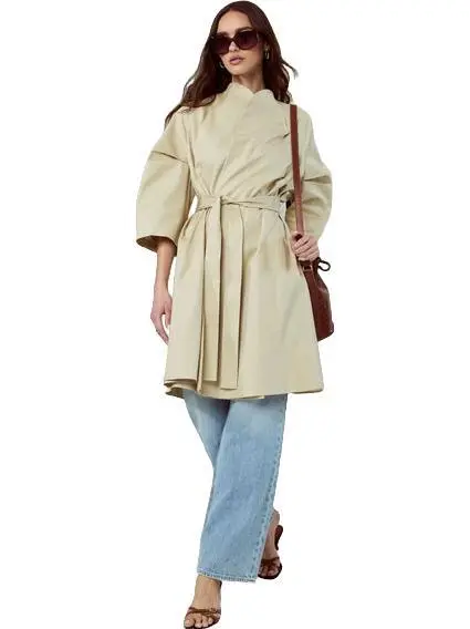 Astr The Label Kaylin Collarless Wrap Trench Coat - Light Khaki