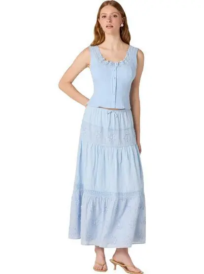 Astr The Label Gwyn Embroidered Midi Skirt - Light Blue