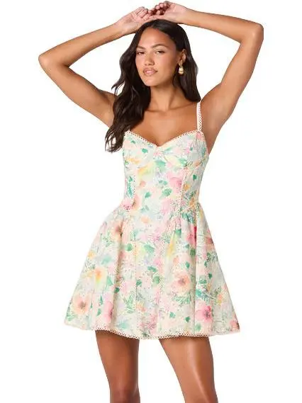 Astr The Label Birdie Floral Eyelet Sweetheart Mini Dress - Green Pink Floral