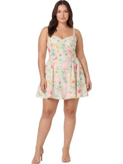 Astr The Label Birdie Floral Eyelet Sweetheart Mini Dress - Plus Size - Green Pink Floral