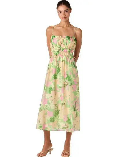 Astr The Label Maren Smocked Floral Midi Dress - Green Floral