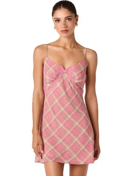 Astr The Label Kirsten Plaid Lace Trim Mini Dress - Pink Plaid