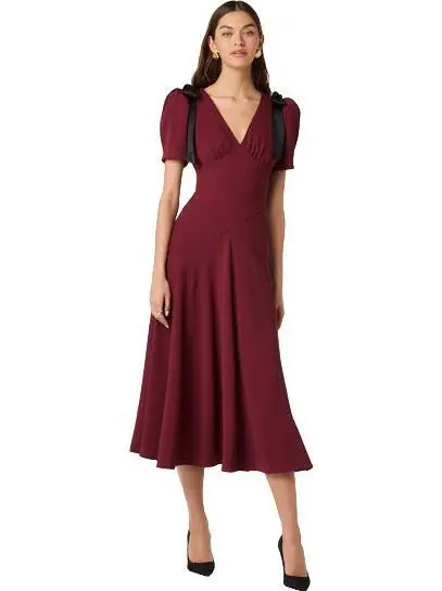 Astr The Label Ciela Bow Puff Sleeve Midi Dress - Burgundy