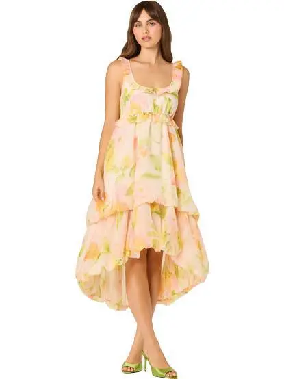 Astr The Label Floral Ruffle Tiered High-low Midi Dress - Blush Multi Floral