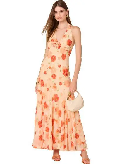 Astr The Label Yasmeen Floral Halter Godet Maxi Dress - Orange Floral