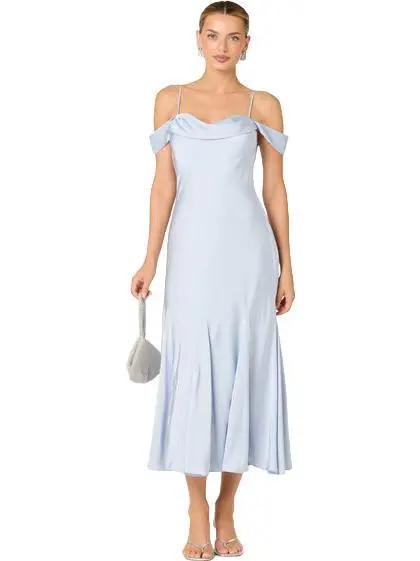 Astr The Label Araxie Satin Off-shoulder Godet Midi Dress - Lt Blue