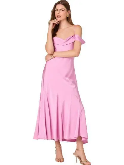 Astr The Label Araxie Satin Off-shoulder Godet Midi Dress - Pink
