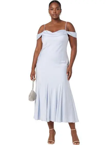 Astr The Label Araxie Satin Off-shoulder Godet Midi Dress - Plus Size - Lt Blue