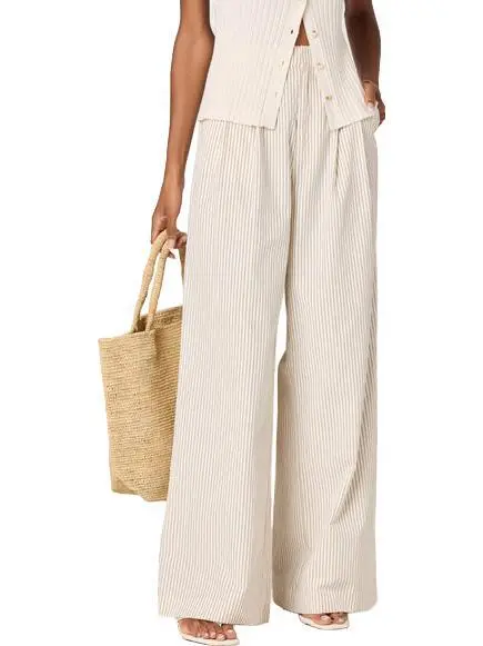 Astr The Label Neha Striped High-rise Wide-leg Pants - White Brown Stripe