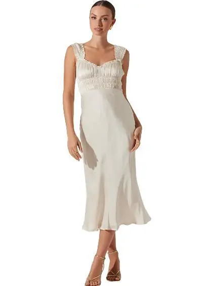 Astr The Label Enola Satin Smocked Midi Dress - Off White