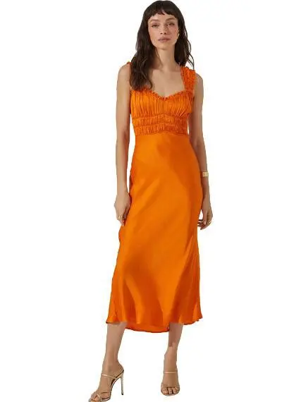 Astr The Label Enola Satin Smocked Midi Dress - Orange
