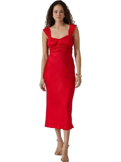 Astr The Label Enola Satin Smocked Midi Dress - Red