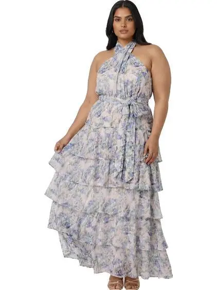 Astr The Label Floral Halter Tiered Ruffle Maxi Dress - Plus Size - Blue Floral