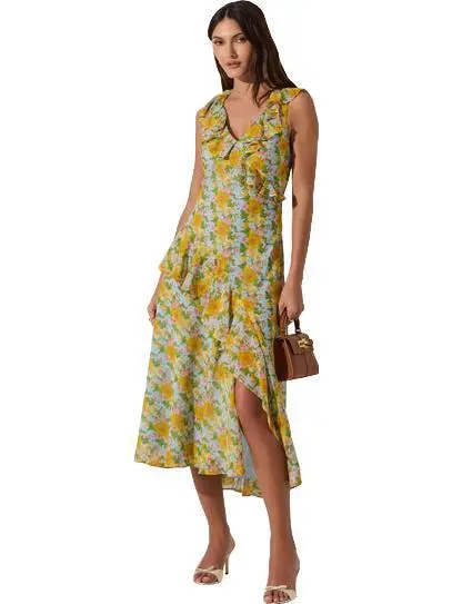 Astr The Label V-neck Floral Ruffle Midi Dress - Blue Multi Floral