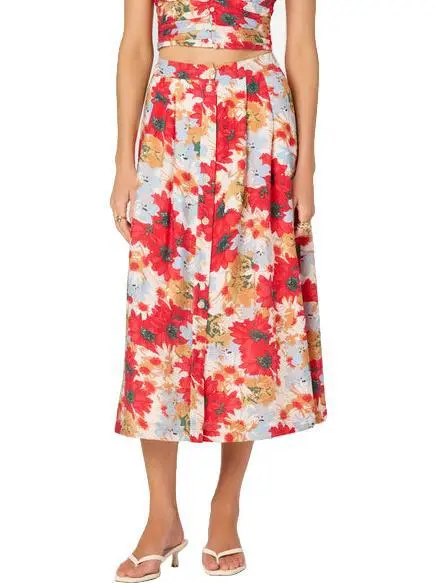 Astr The Label Button Front Pleated Midi Skirt - Red Multi Floral
