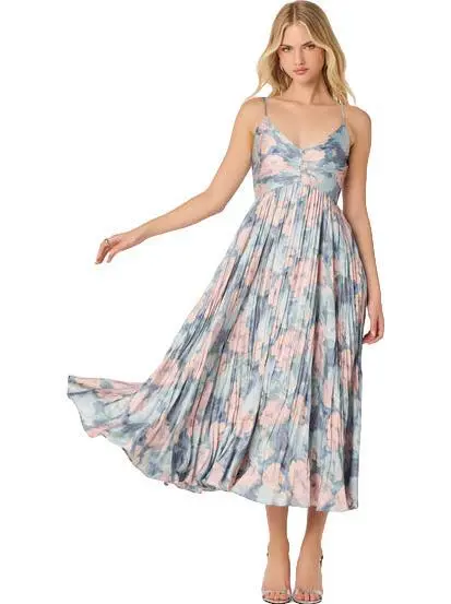 Astr The Label Maeve Floral Pleated Satin Midi Dress - Blue Multi Abstract