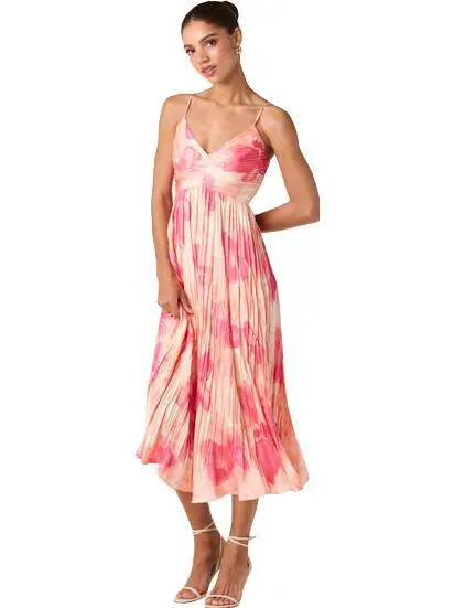 Astr The Label Maeve Floral Pleated Satin Midi Dress - Coral Abstract Fl