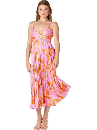 Astr The Label Maeve Floral Pleated Satin Midi Dress - Orange Pink Floral