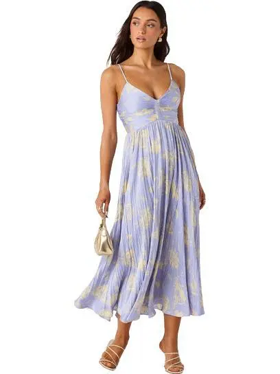 Astr The Label Maeve Floral Pleated Satin Midi Dress - Periwinkle Floral