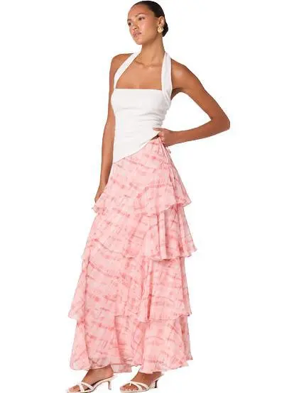 Astr The Label Maia Plaid Tiered Maxi Skirt - Pink Plaid