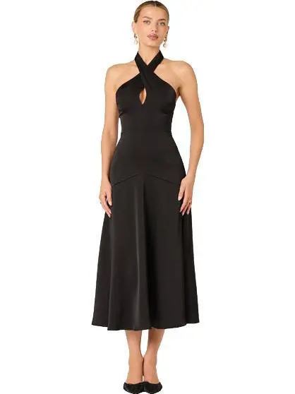 Astr The Label Satin Crossover Halter Midi Dress - Black