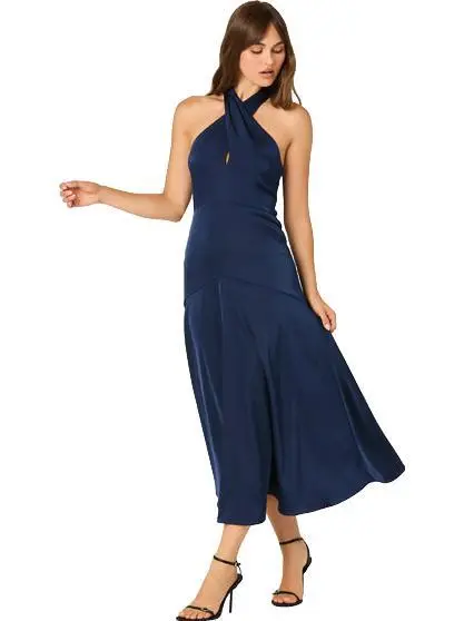 Astr The Label Satin Crossover Halter Midi Dress - Navy