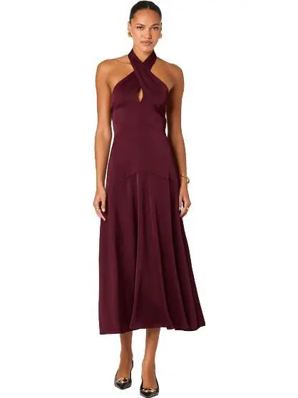 Astr The Label Satin Crossover Halter Midi Dress - Wine