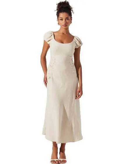 Astr The Label Leocadia Embroidered Puff Sleeve Midi Dress - Natural